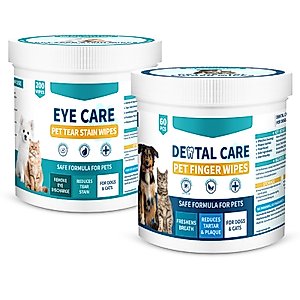VICSOM Eye Wipes & Teeth Wipes for Dogs & Cats, 200 Pcs Cat Dog Eye Wipes Tear Stain Remover, Pet Eye Wipes Presoaked, 60Pcs Reduces Tartar & Plaque Fresh Breath Dog Teeth Cleaning Finger Toothbrush