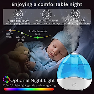 Ultrasonic Cool Mist Humidifier for Bedroom, Quiet Air Humidifier for Baby Home Plant Nursery Desk Office Small Room With 360° Nozzle Rotation 1.5L Water Tank & Auto Shut-Off and Night Light