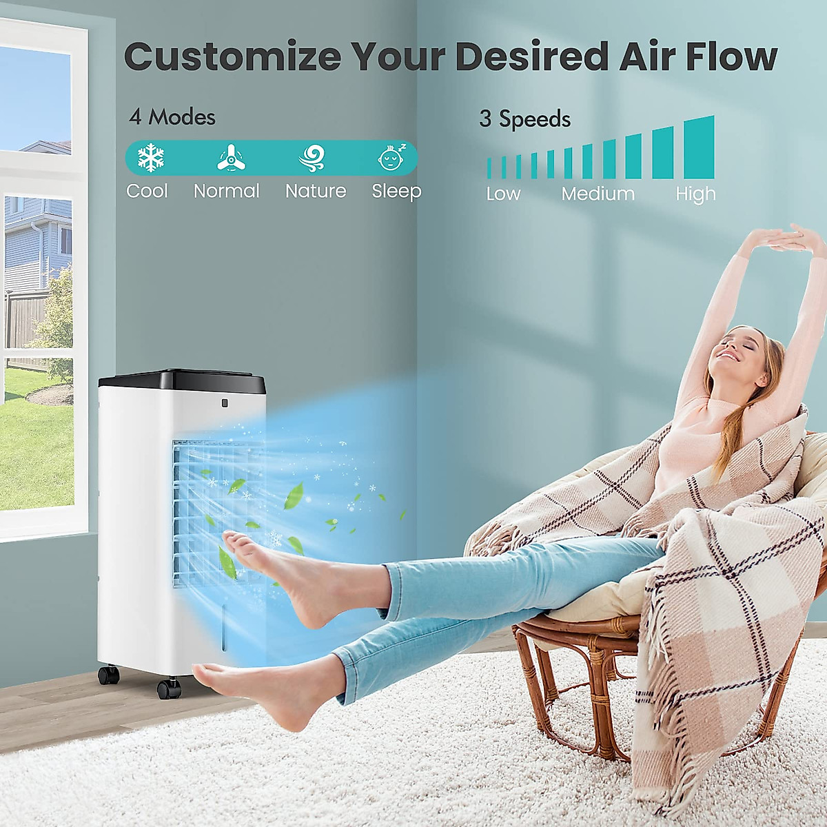 DORTALA Evaporative Air Cooler, 3-in-1 Cold Air Cooling Fan with Remote, 3.5L Water Tank, 2 Ice Packs, 4 Modes, 3 Speeds & Timer, 70° Oscillation, Portable Swamp Cooler for Small Rooms