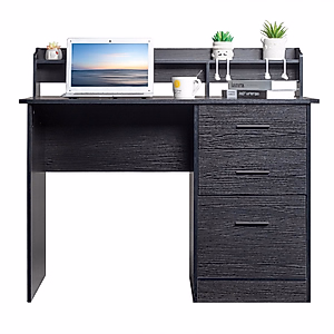 BIVVI Computer Desk with Drawers 43.31" Long Gaming Desk Executive Office Desk File Cabinet Industrial Writing Study Table Bookshelf Workstation PC Laptop Desk Organizer for Home Office Bedroom,Black