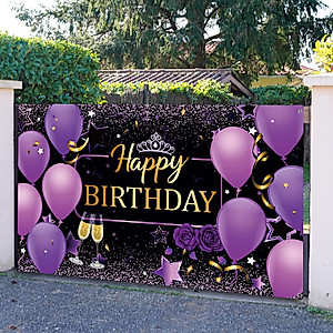 Happy Birthday Decorations Banner, Purple Happy Birthday Sign Birthday Party Supplies Purple Photo Backdrop Background with Rose for Birthday Party Favor for Women Girl Celebration 72.8 x 43.3 Inch
