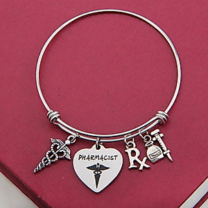 bobauna Stainless Steel Pharmacist Expandable Wire Bangle Bracelet with Medical Caduceus RX Symbol Pharmacy Charms Pharmacist Graduation Gift (pharmacist bracelet)