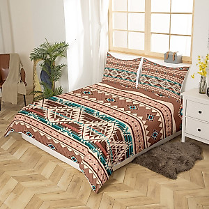 Western Bedding Sets Queen,Aztec Comforter Cover,Exotic Nordic Style Bohemian Duvet Cover Indian Tribe Geometry Ethnic Tribal Arrow Bed Set,Retro Geometric Triangle Diamond Boho Decor,Beige Brown