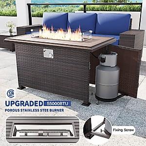 Kullavik 13 Pieces Outdoor Patio Furniture Set with 43" 55000BTU Gas Propane Fire Pit Table PE Wicker Rattan Sectional Sofa Patio Conversation Sets,Navy blue