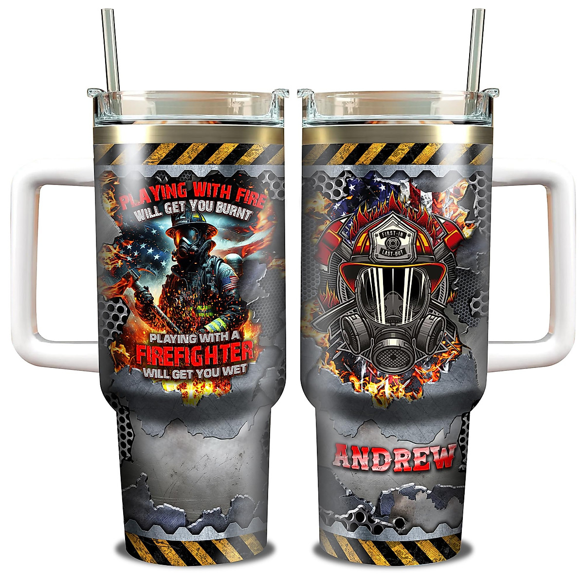 WAZONE Personalized Firefighter 40oz Tumbler with Handle and Straw Lid Custom Name Stainless Steel Insulated Cup American Flag Travel Coffee Mug Gifts For Firefighters Fireman Husband