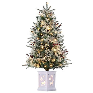 3ft Mini Prelit Premium Snow Flocked Artificial Christmas Tree, Pre-lit Xmas Pine Tree for Christmas Decoration, Party Decoration, Home, Office, White Base (White Base-elk, 3FT)