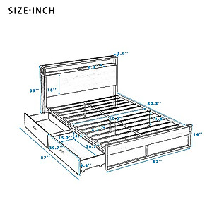 EMKK Queen Size Metal Platform Bed Frame with 2 Drawers,Sockets and USB Ports,Metal and Wood Platform Bed Frame, Wood Slat Support, No Box Spring,Easy Assembly, Black, Queen