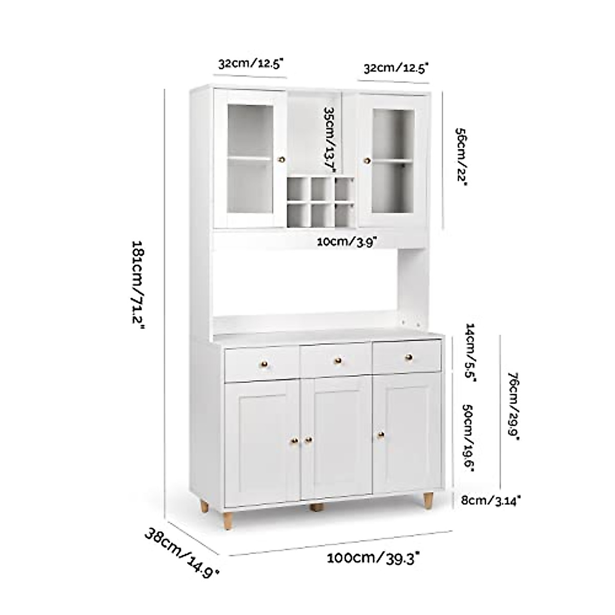VOWNER 71" Traditional Freestanding Kitchen Pantry Storage Cabinet, Pantry Cabinet with 3 Drawers and 5 Storage Cabinets, White