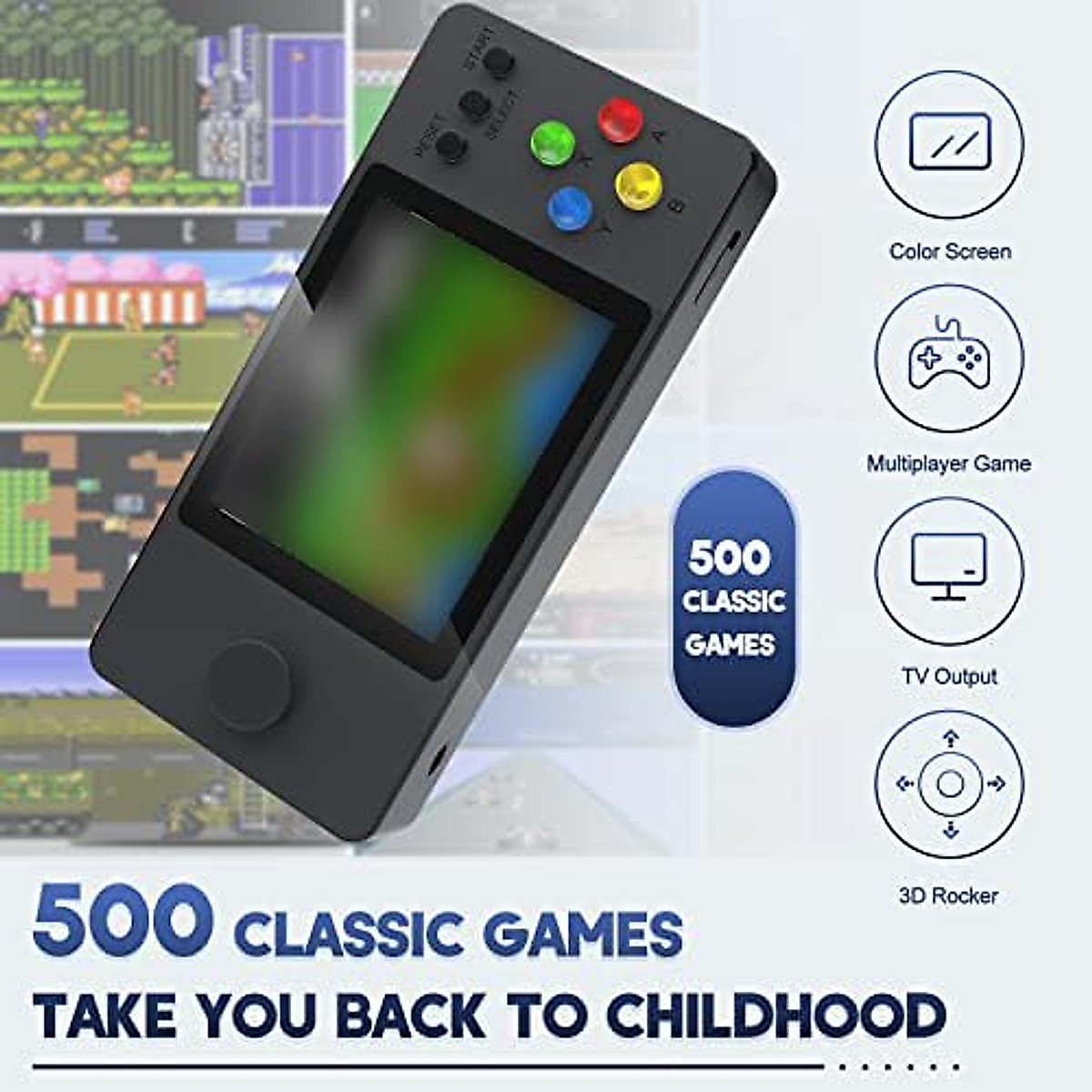 Murcycle 3D Rocker Retro Handheld Game Console with 500 Classic FC Games, 3.0 inches Screen Portable 800mAh Battery Rechargeable Video, Support TV & Two Players Present for Kids & Adults (Black)