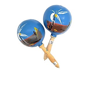 8" Hand Made Genuine Mexican Real Wooden Maracas (Pack of 2) (Blue)
