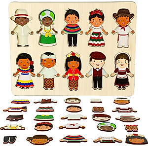 Wooden Multicultural Puzzles for Kids Interchangeable Dress Up Diversity Wood Peg Puzzles Preschool World Puzzles