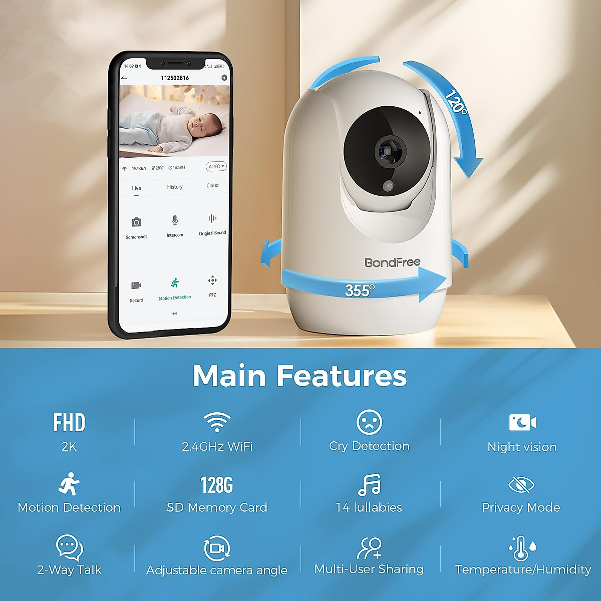 BondFree Baby Monitor with Camera and Audio, 2K Smart Baby Monitor with App,Temperature& Humidity,2-Way Talk,Night Vision,14 Lullabies,Cry & Motion Detection,4X Zoom-2.4Ghz WiFi Baby Monitor