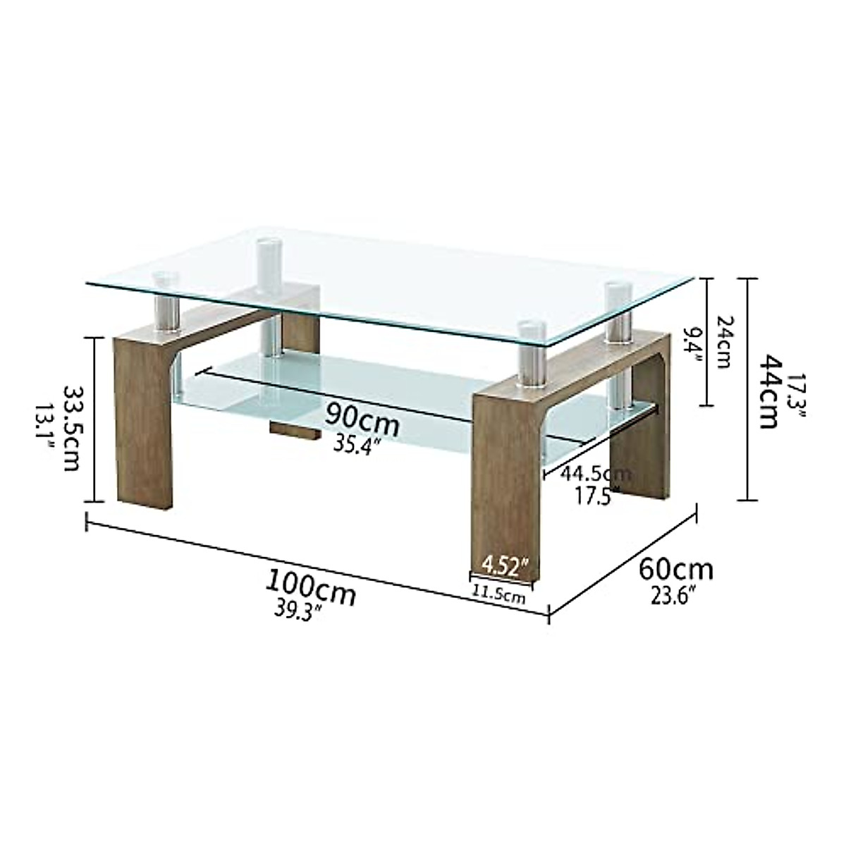CLIPOP Rectangle Glass Coffee Table w/Tempered Glass Tabletop Stainless Steel Tube, 2-Tier Tea Table, Modern Center Side Table w/Lower Shelf & Wooden Legs for Living Room Guest Reception Room, Oak