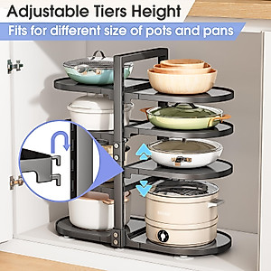 Pots and Pans Organizer for Cabinet, 8 Tier Snap-on and Adjustable Pan Organizer Rack for Under Cabinet, Pot Organizer for Kitchen Storage, Pot Lid Organizer with Panels (8 Tier, Round)