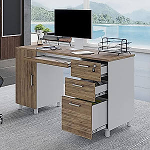 Modern Design By Crafts & comfort Venice Computer Desk - Office Desk with 3 Drawers & CPU Storage Cabinet - Laptop Workstation with Keyboard Tray & Cable Hole - Home & Office Supplies -Cass/White
