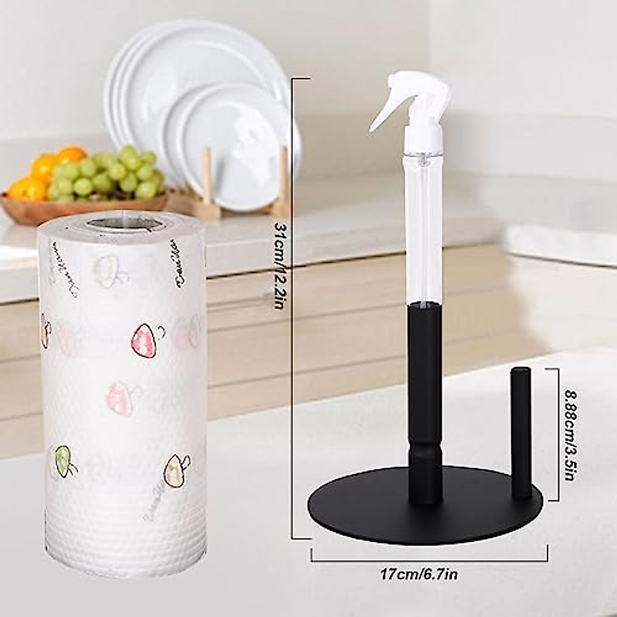 Paper Towel Holder with Spray Bottle, Stainless Steel Countertop Paper Towel Holder Stand with Sprayer Inside Center One-Handed Operation Kitchen Papertowels Roller with Non Slip Weighted Base