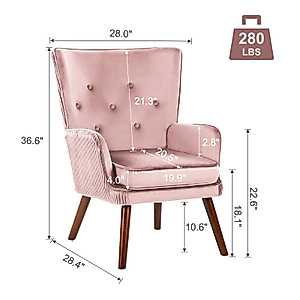 Bekrvio Velvet Accent Chair, Modern Wingback Armchair with High-Back, 4" Thick Seat Cushion, Velvet Upholstered Single Sofa Chair for Living Room Bedroom Reading Vanity Chair Club Arm Chair (Pink)