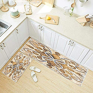 Jesmacti Kitchen Rugs and Mats Rug for Kitchen Sink Area Vintage Italian Tile Pattern Brown Kitchen Rug (17X48+17X24 Inches) Boho Kitchen Rug