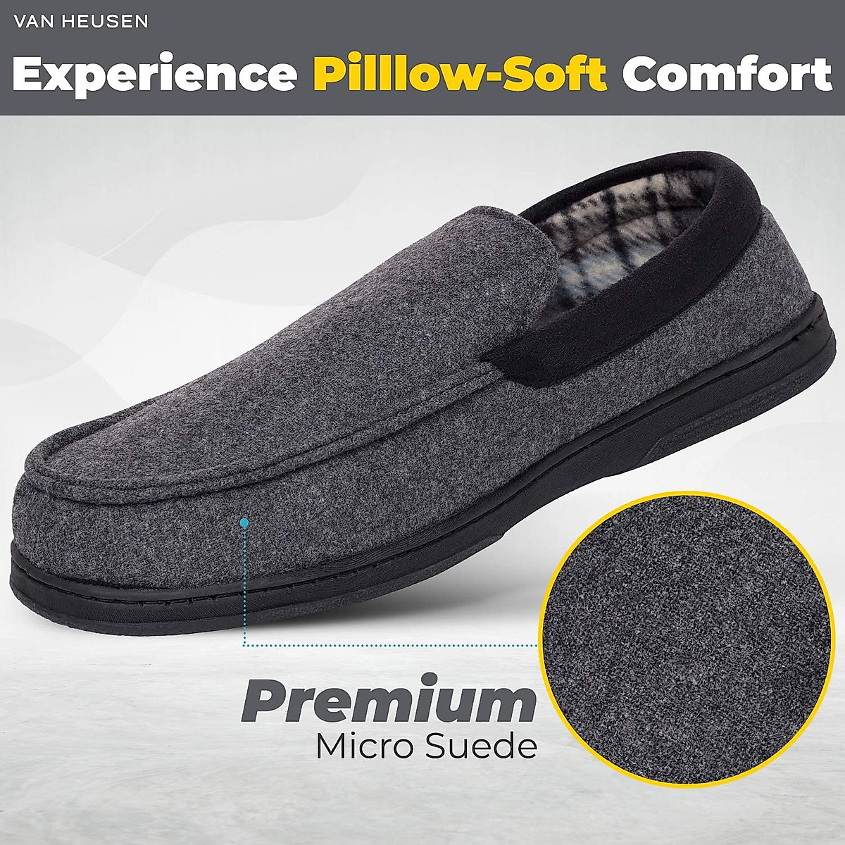 Van Heusen Mens Slippers Comfy Slip-on Micro Suede House with Softflannel Lining Moccasin, Grey, Medium
