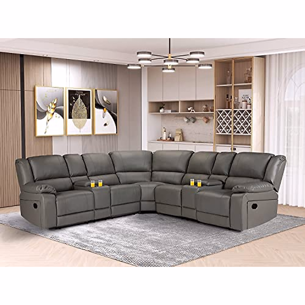 EMKK Home Power Modern Upholstered L-Shape Sectional Sofa Reclining,PU Leather Extra Wide Lounge Couch with Consoles,2 Cup Holders and Storage,Fabric Sofá for Living Room Apartment, a-Brown