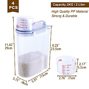 LDHHYH 4 Pack 5.5 LB Rice Storage Containers, Clear Rice Storage Bin with Measuring Cup & Pour Spout, Cereal Containers Dispenser, Kitchen Plastic Rice Holder Saver for Flour Grain Bean
