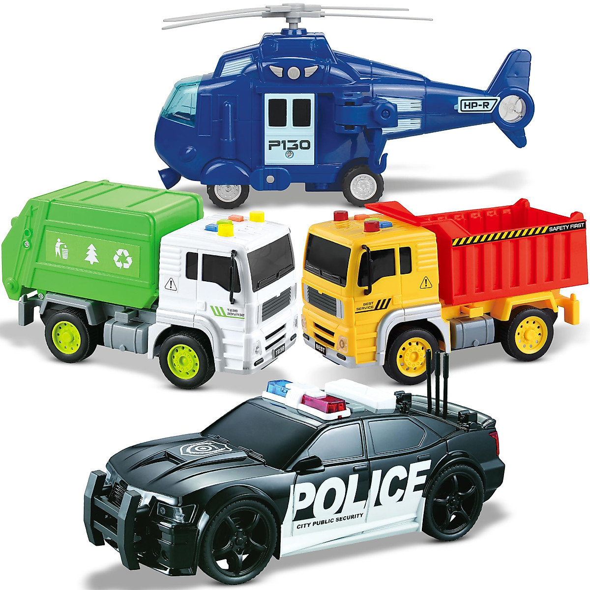 City Car Toy Playset of 3 Vehicles - Friction-Powered w/ Realistic Lights & Sounds - Includes Police Car, Garbage Truck, Construction Dump Truck & Helicopter - Toddler Boys Toy for Kids Ages 3-5