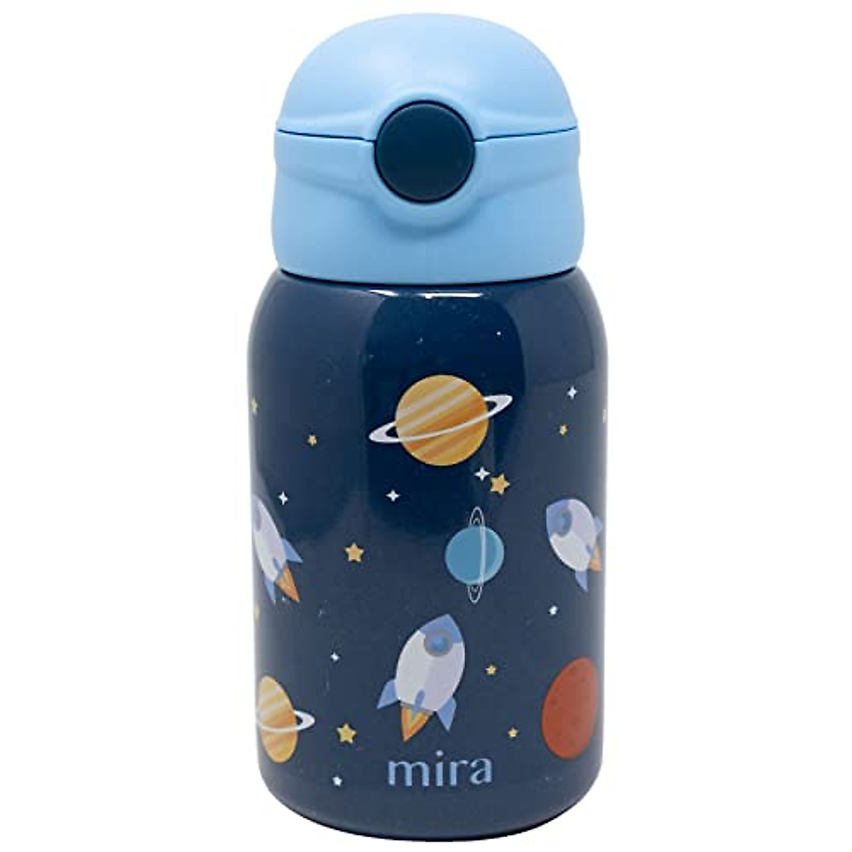 MIRA 15 oz Kids Stainless Steel Water Bottle - Thermos Insulated Flask Keeps Cold - One Touch Straw Lid Cap, Blue - Planets
