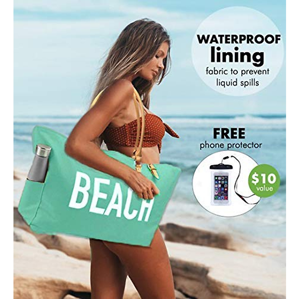 Keho Fashion Beach Bag (Cute Travel Tote), Large and Roomy, Waterproof Lining, Multiple Pockets (Green Canvas)