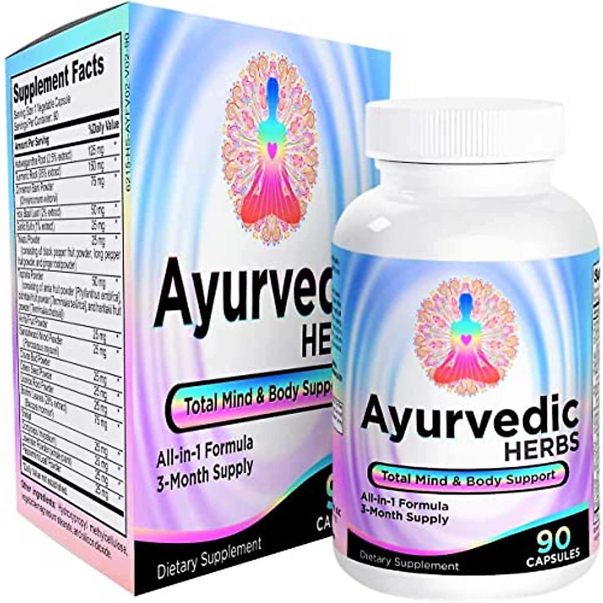 Ayurvedic Herbs (All-in-1) Supplement 3-Month Supply - Ayurveda Mind, Body & Spirit Herbal Blend Complex with 17 Active Ingredients - Natural Ayurvedic Supplements - Easy to Swallow - 90 Capsules