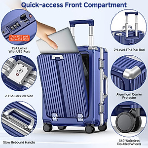 SOMODE Airline Approved Carry On Luggage with Spinner Wheels,Aluminum Framed Carry On Suitcase with Front Laptop Compartment/Cup Holder,22×14×9 inch Checked-in Luggage with Flexible Handle (Blue)