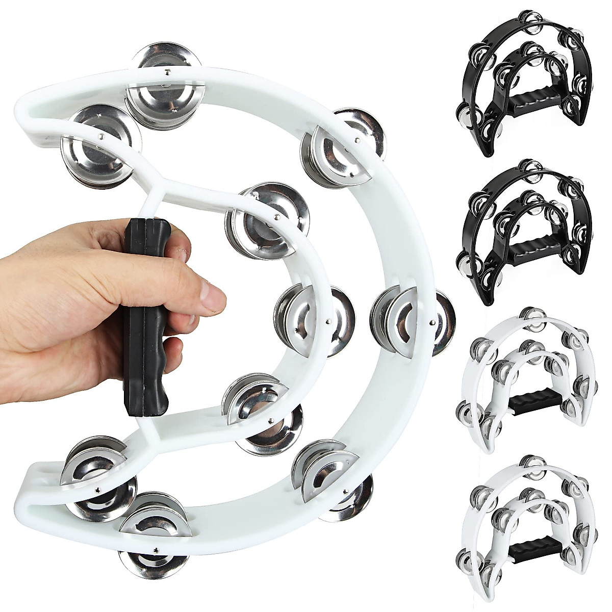 4 Pack Half Moon Hand Held Tambourine 10" Double Row Metal Jingles Tambourines for Adults Church, Plastic Musical Instrument Percussion handheld tambourine for Church, Ktv Party, (Black, White）