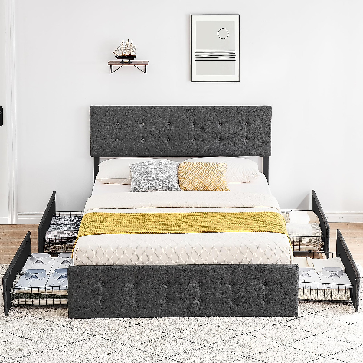 IDEALHOUSE Queen Bed Frame with 4 Storage Drawers,Grey Queen Size Upholstered Platform Bed Frame with Headboard and Wooden Slats Support No Box Spring Needed