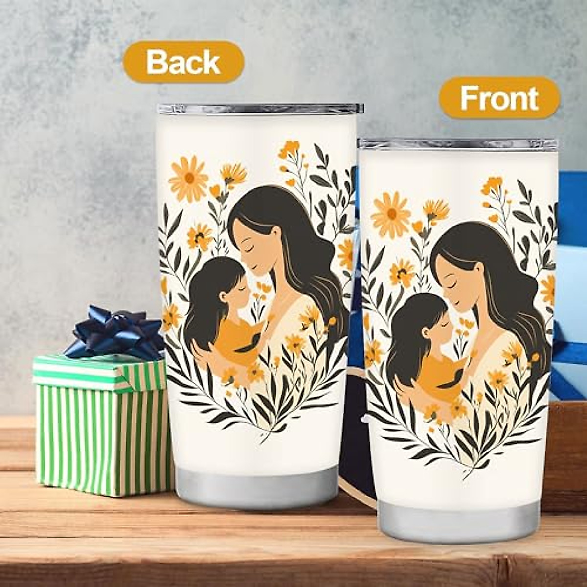 FOCIUZTA 20oz Adorable Floral Yellow Mother and Child Pattern Tumbler with lid, Travel Coffee Cup, Ideal for Easter, Mother Day, and birthday gifts