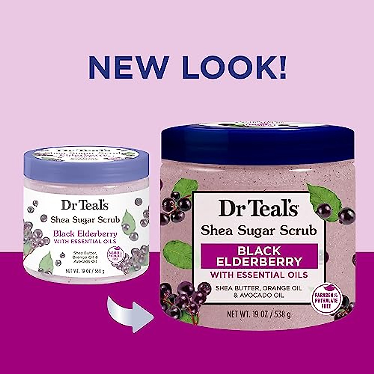 Dr Teal's Shea Sugar Body Scrub, Black Elderberry with Essential Oils, 19 oz (Pack of 3) (Packaging May Vary)