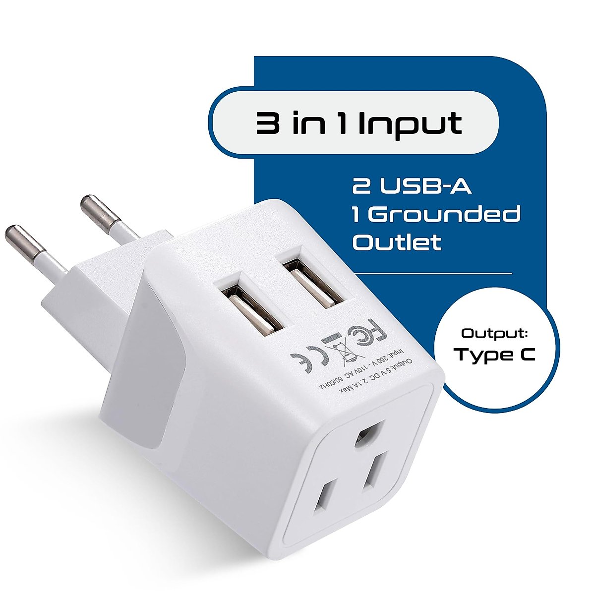 Ceptics Europe Travel Adapter Plug Set Schuko - with 2 USB + USA Socket Input - Type E/F and Type C - Ultra Compact - Safe Grounded Perfect for Cell Phones, Laptops, Camera Chargers (CTU-9-9C-PK)
