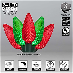 C9 Red and Green Christmas Lights Set of 24, 16.3 Ft, LED String Lights C9 Christmas Lights Red-Green Indoor-Outdoor LED Christmas Lights, IOS-4-24