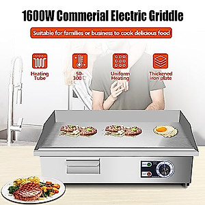 ExGizmo 22" Commercial Electric Griddle,Electric Countertop Flat Top Griddle,110V 1600W Electric Flat Top Grill,Non-Stick Restaurant Teppanyaki Stainless Steel Grill,Adjustable Temperature Control