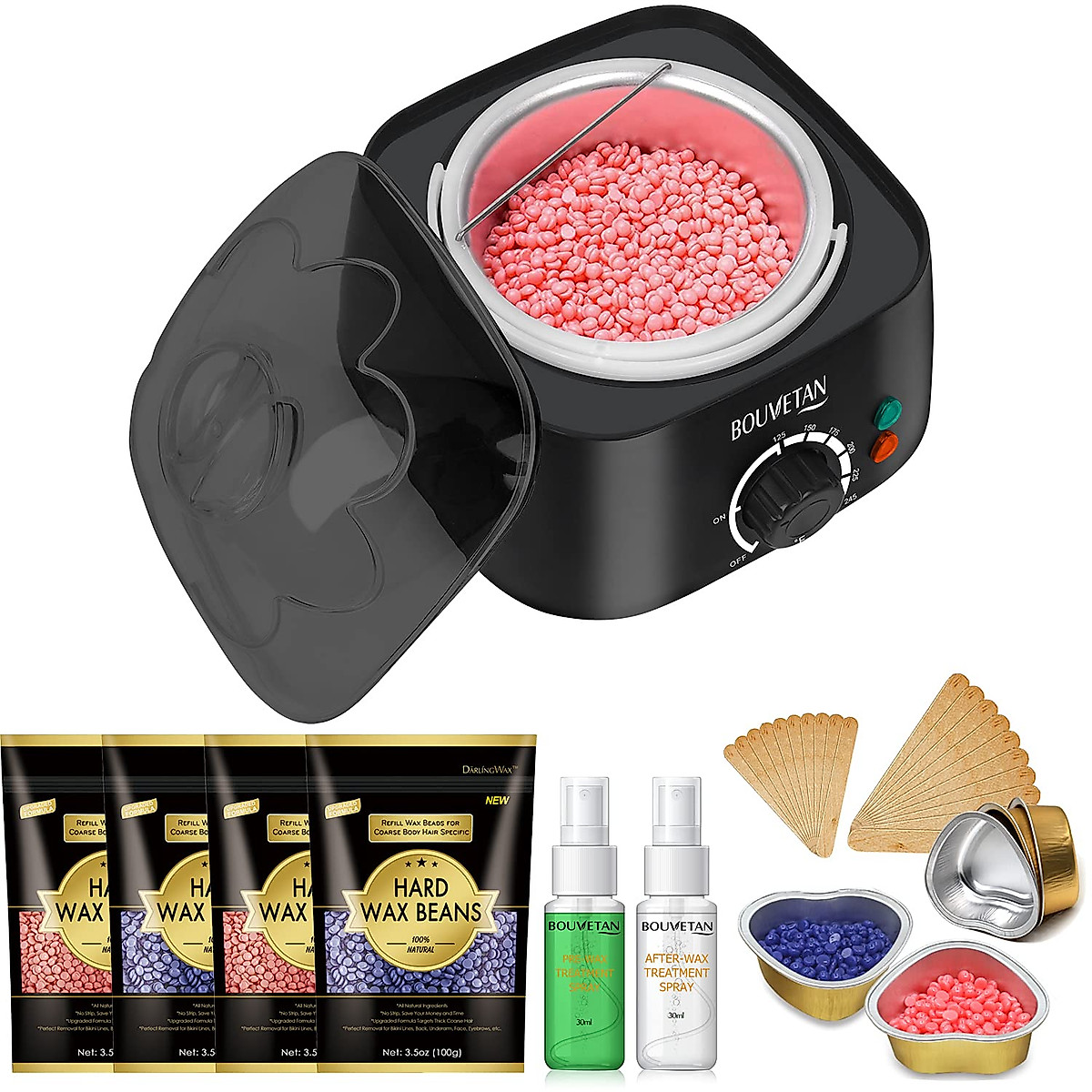 Waxing Kit, 2 LEDs Bouvetan Wax Warmer Hair Removal Wax Kit with 14oz Hard Wax Beans for Full Body, Women Wen At Home Hard Bead Waxing Kit