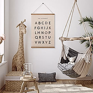Bon et Beau 16 x 24 Inch Embroidered Alphabet Poster Framed with Wood Hanger - Neutral Gray Wall Decor for Boys Nursery, Bedroom, Playroom, Toddler and Kids Room