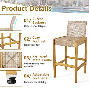 Tangkula Patio Wood Barstools Set of 2, PE Rattan Bar Height Chairs with Backrest, Stable Metal Frame, 400 lbs Max Load, Light Brown PE Wicker Bar Chairs for Porch, Backyard, Balcony (2)