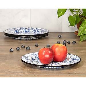 Red Co. Set of 4 Enamelware Metal Classic 10" Round Dinner Plate, Navy Blue Marble/Black Rim - Splatter Design