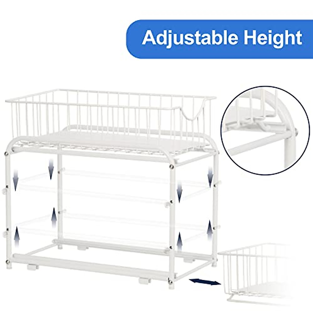 LIANTRAL 2 Tier Under Cabinet Organizer with Sliding Storage Drawer, Pull Out Cabinets Organizer Shelf, Multi-purpose Stackable Bathroom Sink Organizer Cabinet, White.