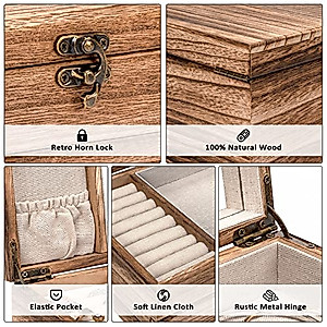 Emfogo Jewelry Box for Girls Women, 2 Layer Rustic Wooden Jewelry Boxes & Organizers with Mirror, Wood Jewelry Organizer Box Display for Rings Necklaces Earrings Bracelets(Torched Wood)