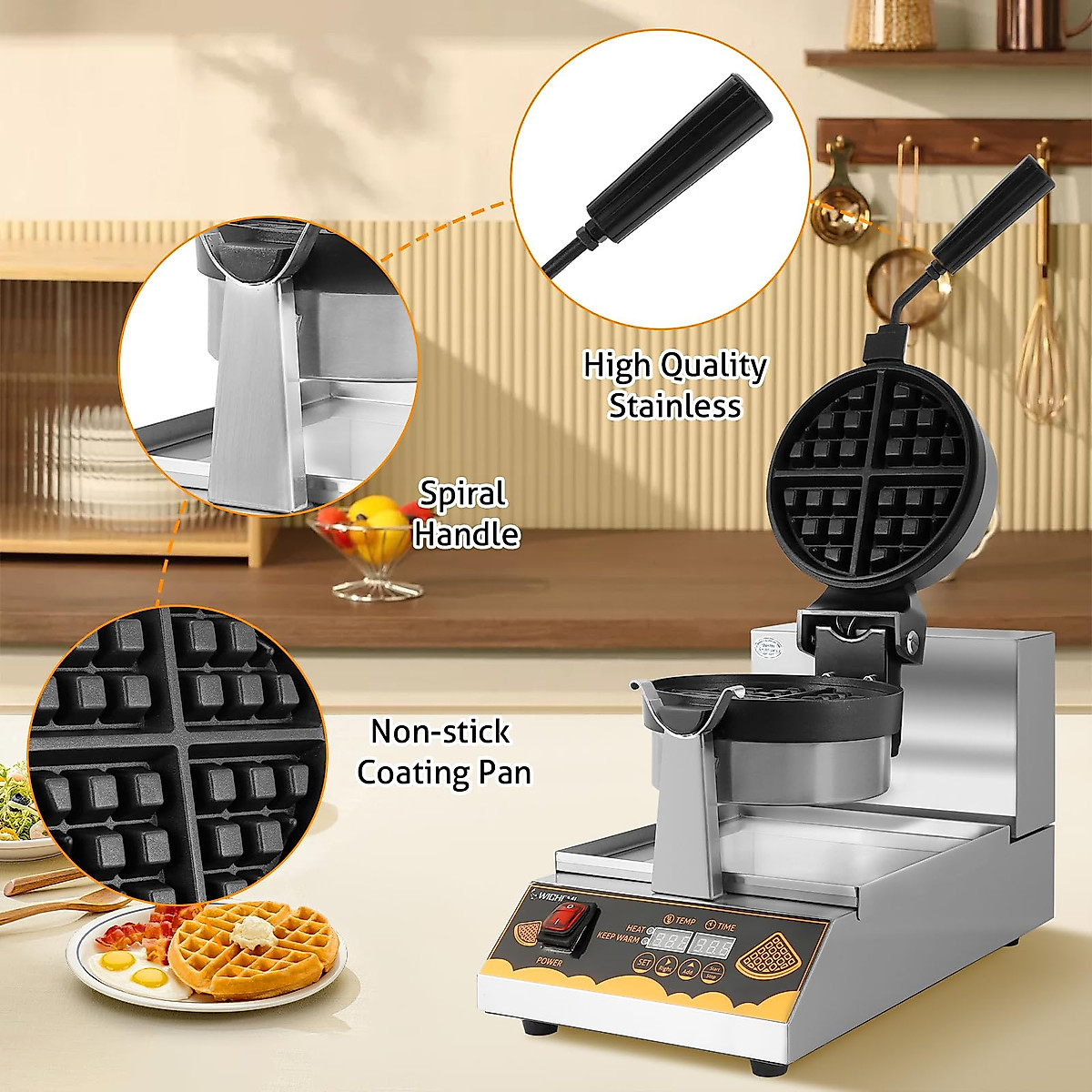 WICHEMI Belgian Waffle Maker Commercial Waffle Maker Restaurant Intelligent Flip Waffle Maker with Removable Plates 180° Rotating Non-Stick LED Digital Waffle Iron For Hotel Restaurant,110V 1200W.