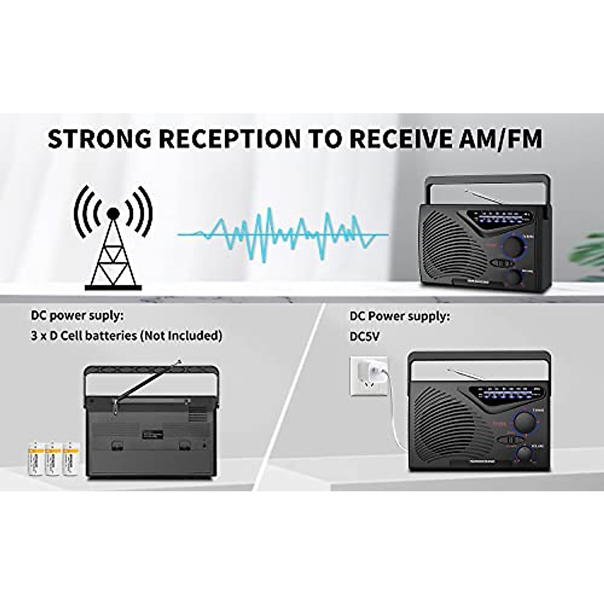 Radios Portable AM FM,Portable Radios with Rechargeable Battery,AC Power Plug in&DC-5V in,Vintage or Emergency Radio