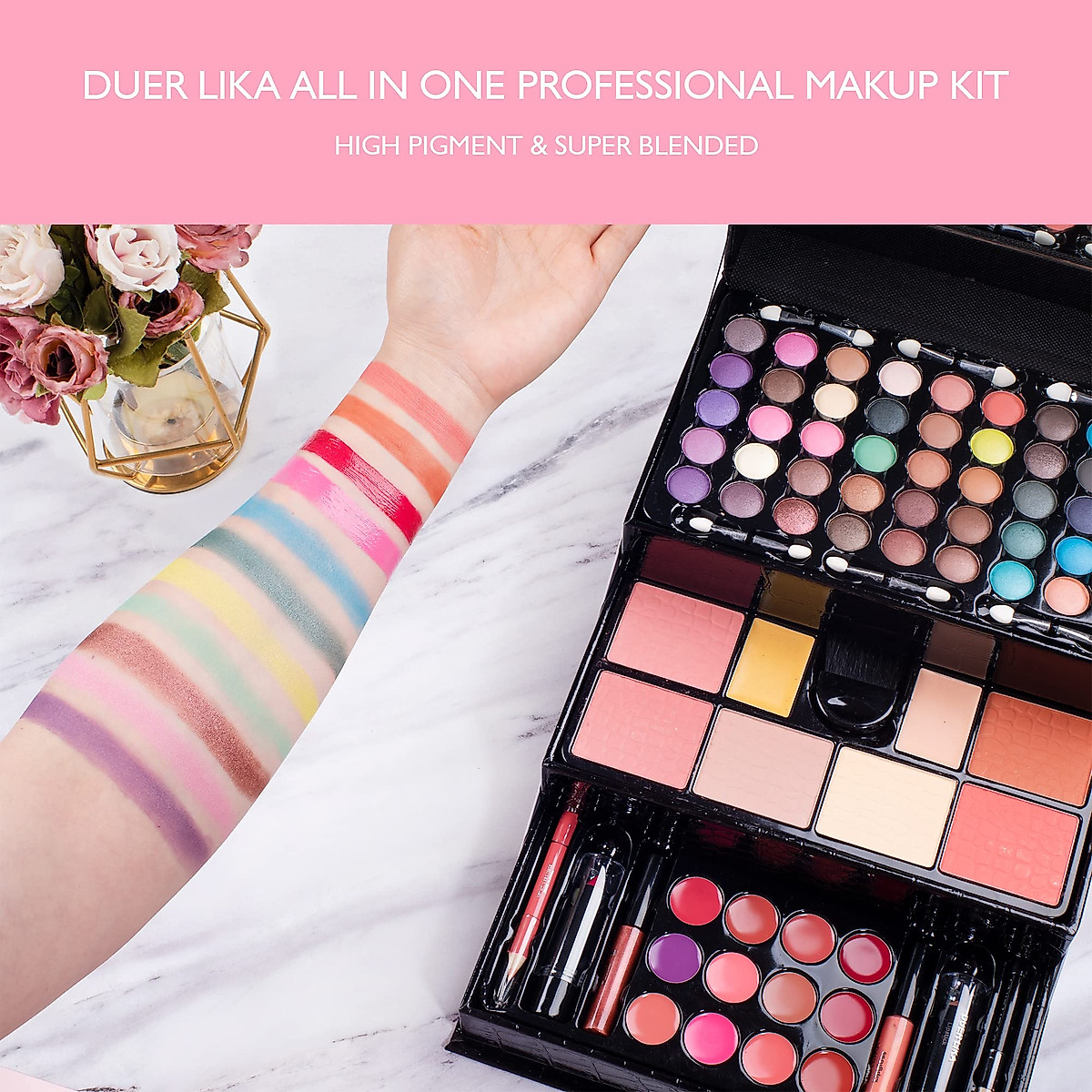 Maùve Professional Leather Train Case with Mirror Makeup Kit (Eyeshadow, Blushes, Powder, Lipstick & More) Holiday Exclusive MU12 (BLACK)