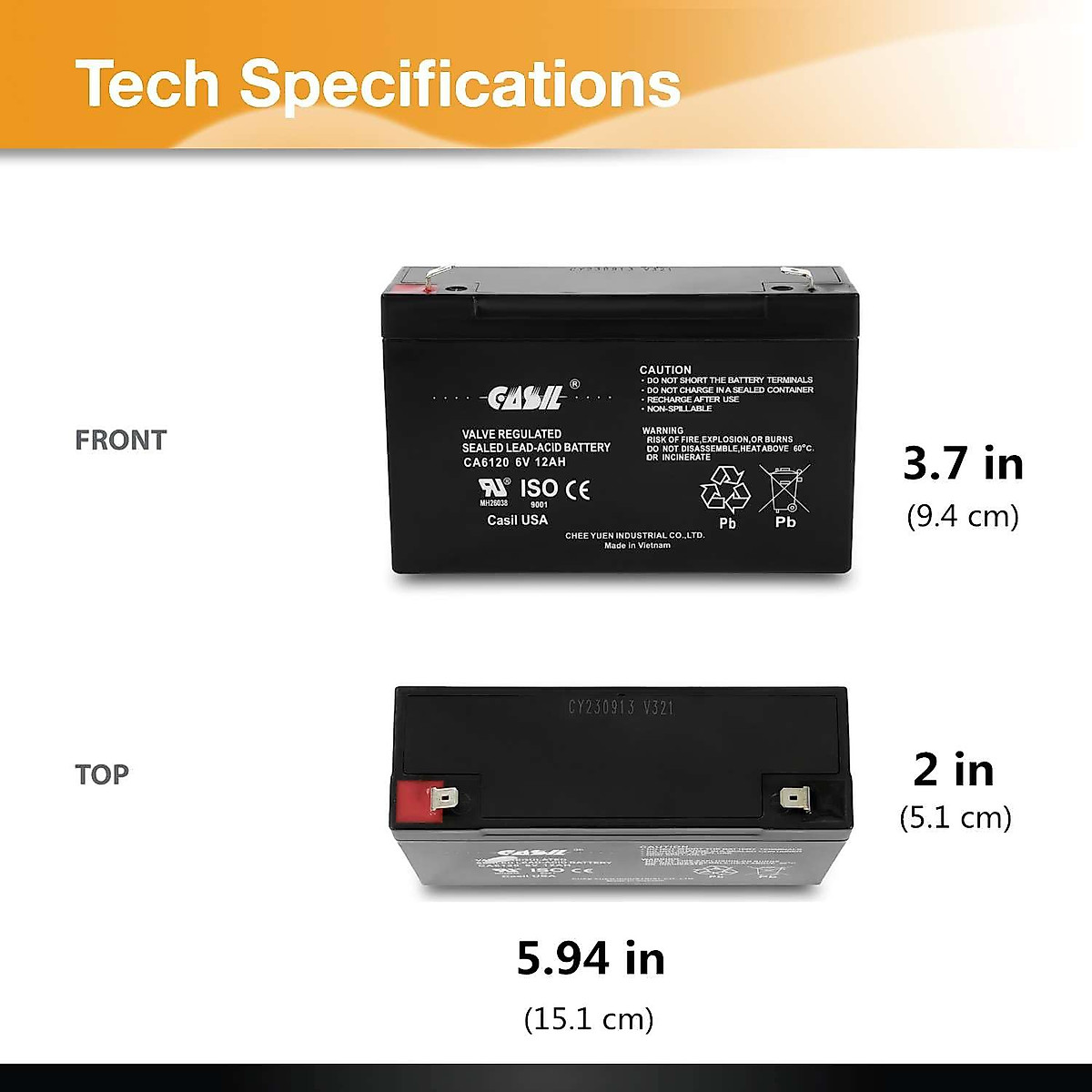 Casil Emergency Light Battery 6v 12ah CA6120 6v 12ah Battery Sealed Lead Acid AGM with F2 Terminal for 6v Emergency Light Battery - VRLA 6v Battery 12ah