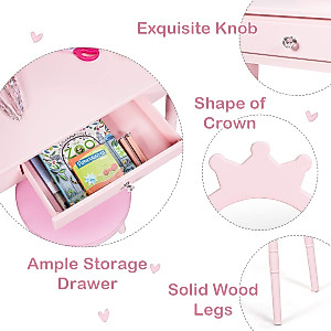 GOFLAME Kids Vanity Set, Princess Dressing Table Set, Wooden Dresser, Little Girls Makeup Table and Stool Set, Pretend Beauty Play Set with Real Mirror, Pull-Out Drawer and Cushioned Stool (Pink)