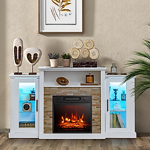 Tangkula Electric Fireplace TV Stand, Electric Fireplace Mantel with 16-Color Led Lights, Adjustable Glass Shelves, Remote & Smart APP Control, TV Console for Living Room (White)