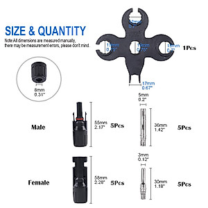 Glarks 5 Pairs Solar Panel Cable Connectors with Assembly and Disassembly Tool Wrenches for Connecting Solar Panels, Solar PV Wire